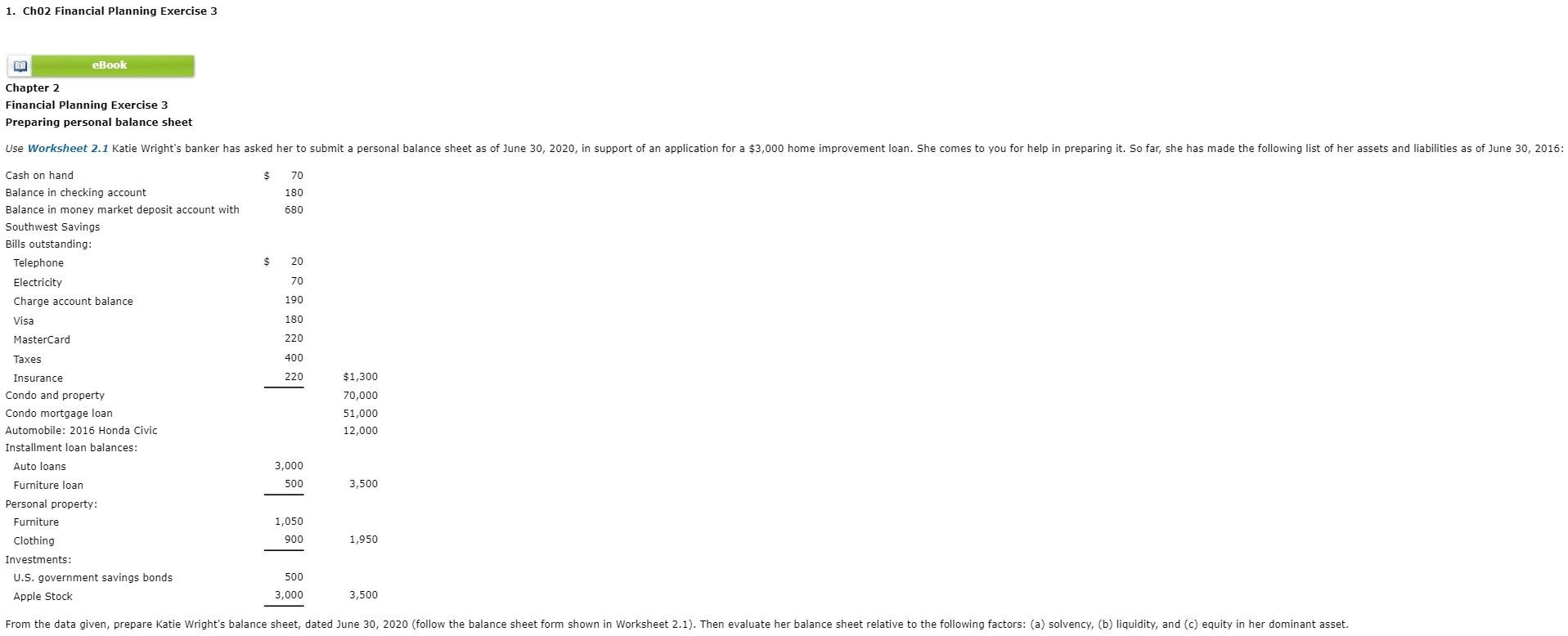 Solved 1. Ch02 Financial Planning Exercise 3 Chapter 2 | Chegg.com