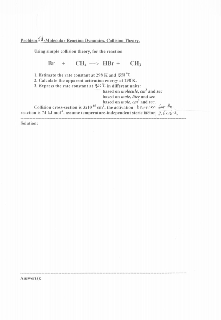 Problem 5d. Molecular Reaction Dynamics. Collision | Chegg.com
