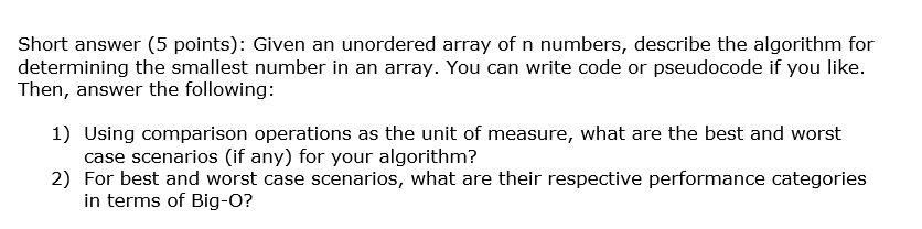 Solved Short Answer 5 Points Given An Unordered Array Of 