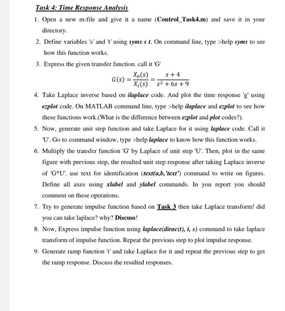 Solved Task 4: Time Response Analysis 1. Open a new m-file | Chegg.com