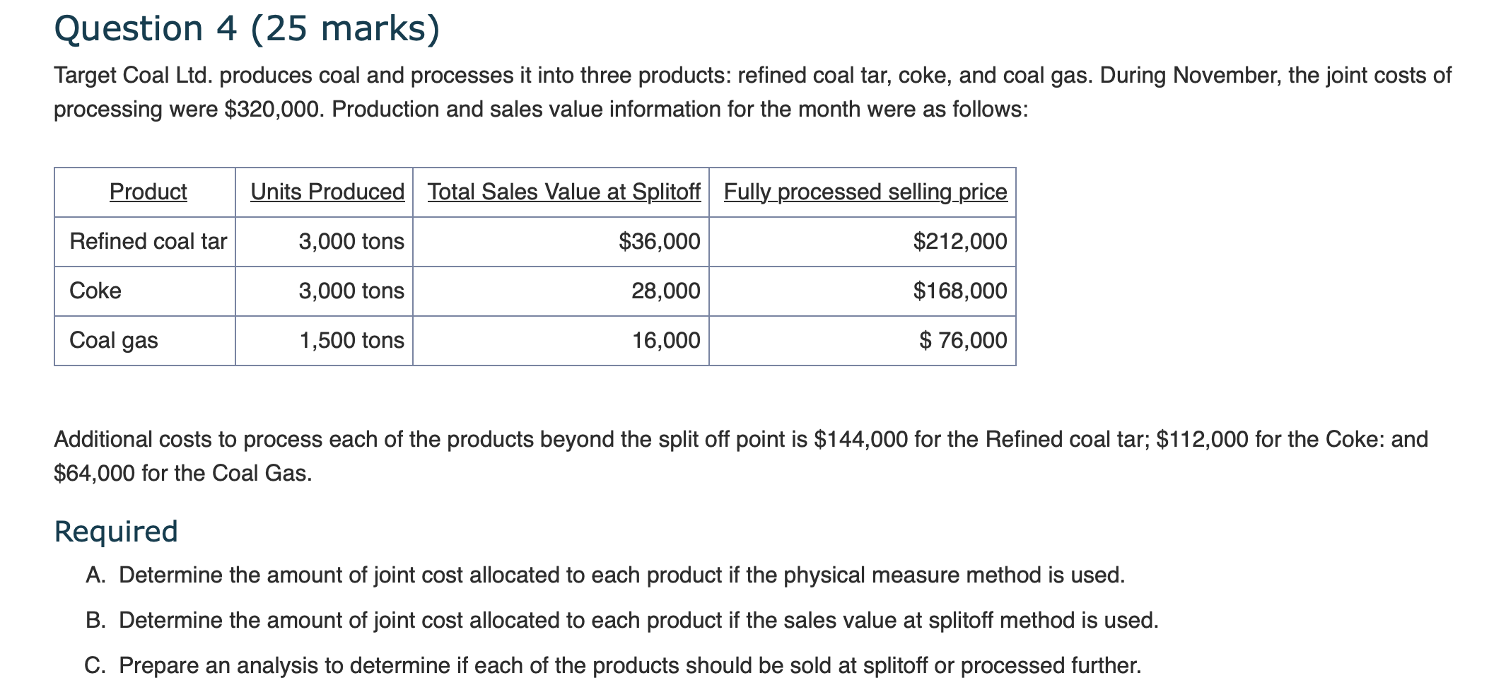 Solved Question 4 (25 ﻿marks) ﻿Target Coal Ltd. ﻿produces | Chegg.com