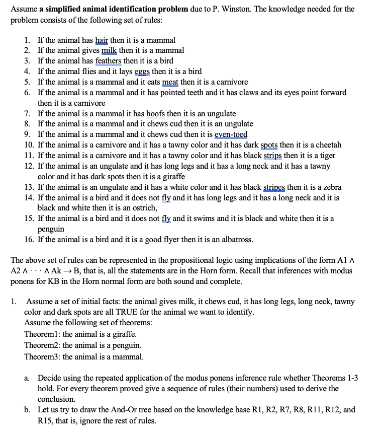 Assume a simplified animal identification problem due | Chegg.com