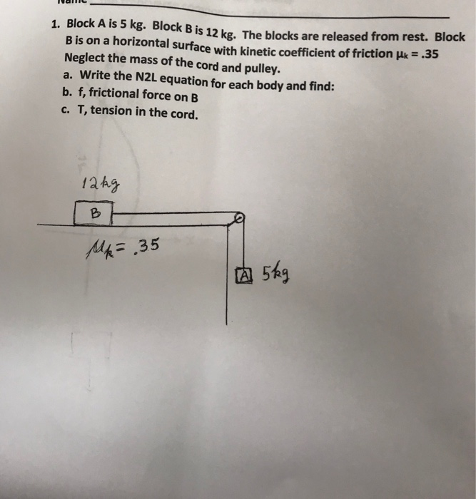Solved 1. Block A is 5 kg. Block B is S 12 kg. The blocks | Chegg.com