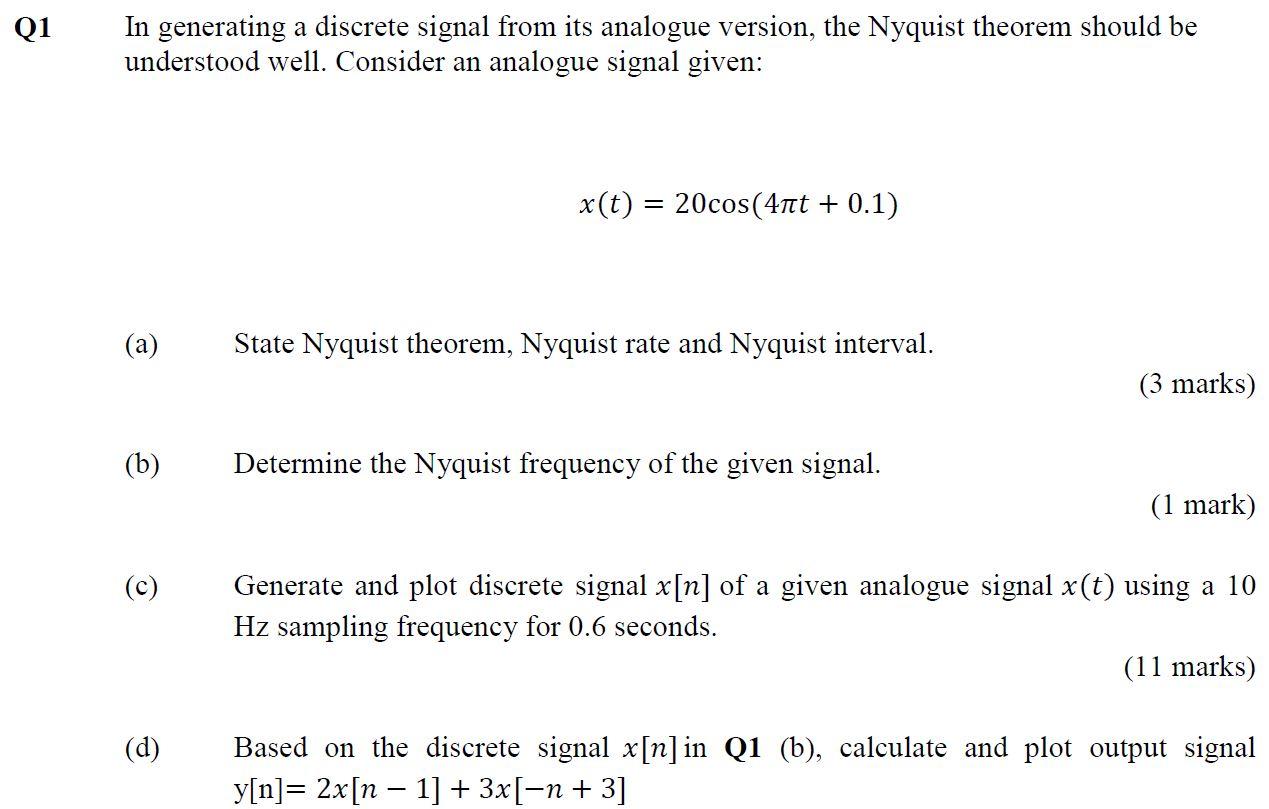 Solved Q1 In generating a discrete signal from its analogue | Chegg.com