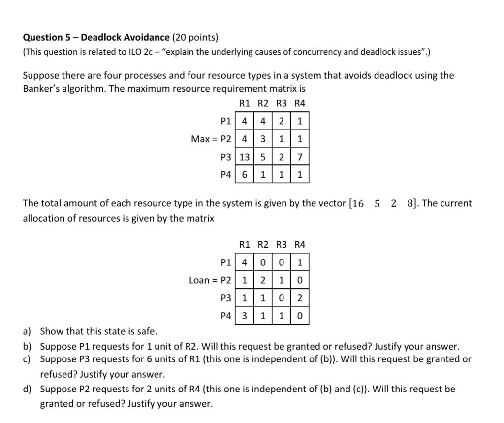 Solved Question 5 - Deadlock Avoidance (20 points) (This | Chegg.com