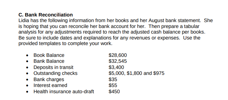 Solved C. Bank Reconciliation Lidia has the following | Chegg.com