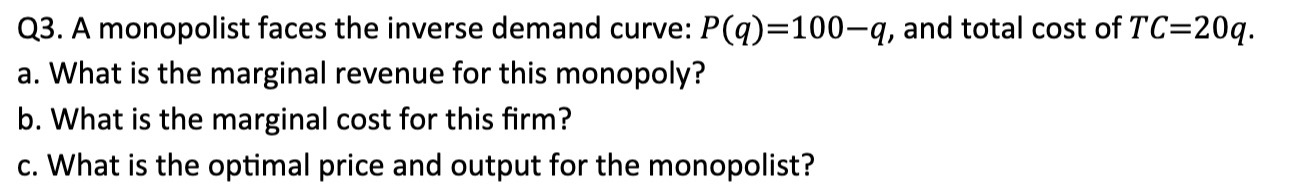 Solved Q3. ﻿A monopolist faces the inverse demand curve: | Chegg.com