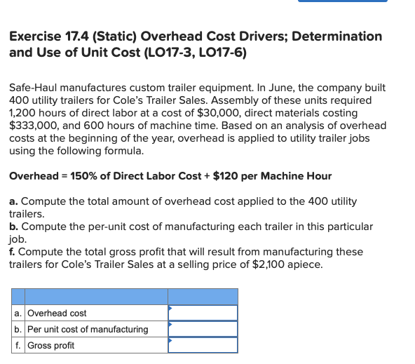Solved Exercise 17.4 (Static) Overhead Cost Drivers; | Chegg.com