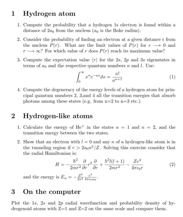 Solved 1 Hydrogen atom 1. Compute the probability that a | Chegg.com