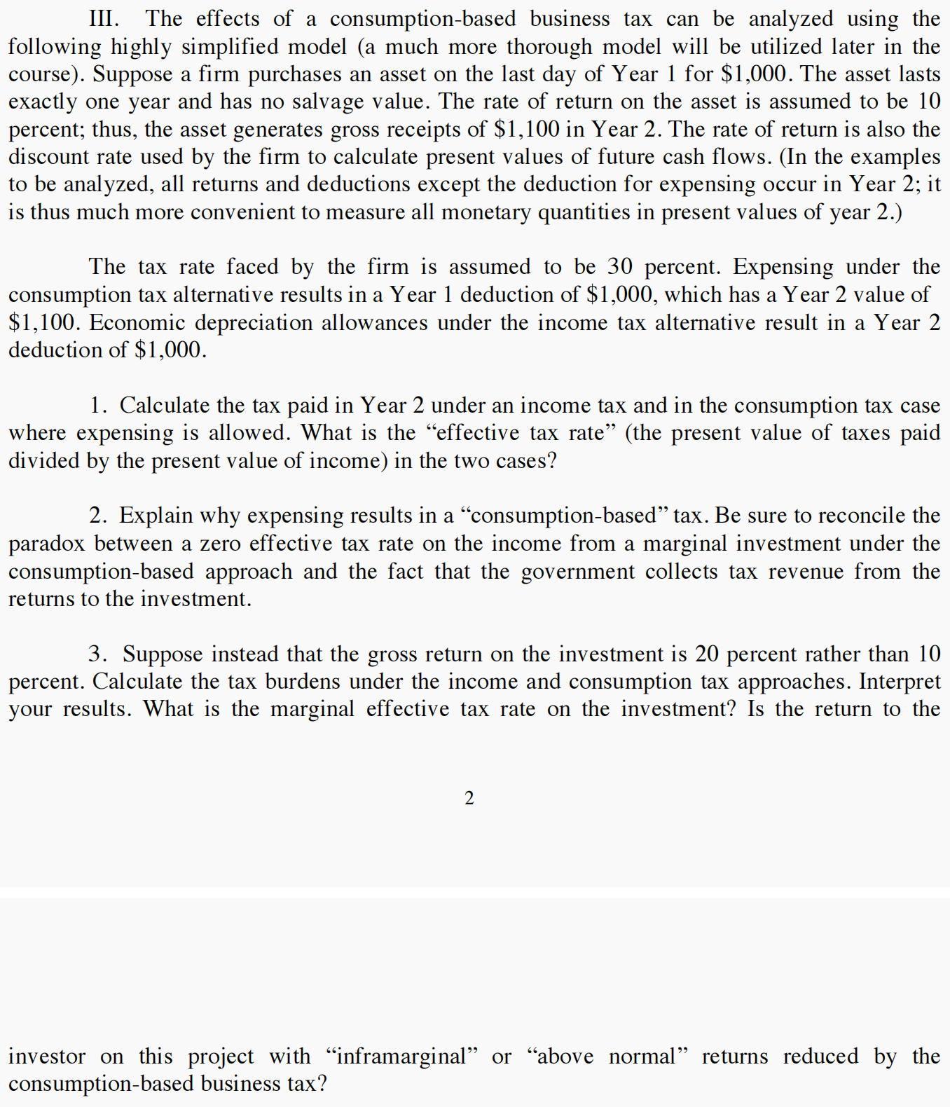 Solved III. The effects of a consumption-based business tax | Chegg.com
