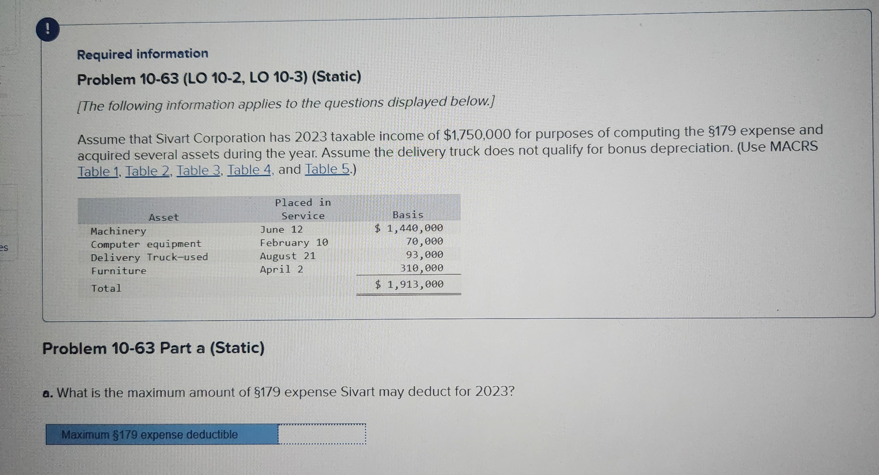 Solved Required information Problem 10-63 (LO 10-2, LO 10-3) | Chegg.com