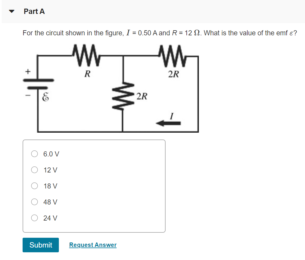 Solved Part A For the circuit shown in the figure, I = 0.50 | Chegg.com