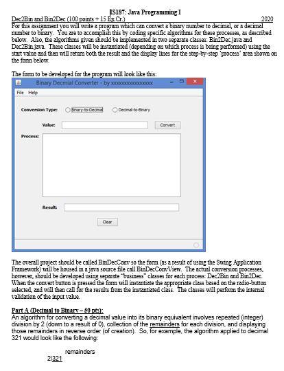 IS187: Java Programming I Dec2Bir and Bin2Dec (100 | Chegg.com