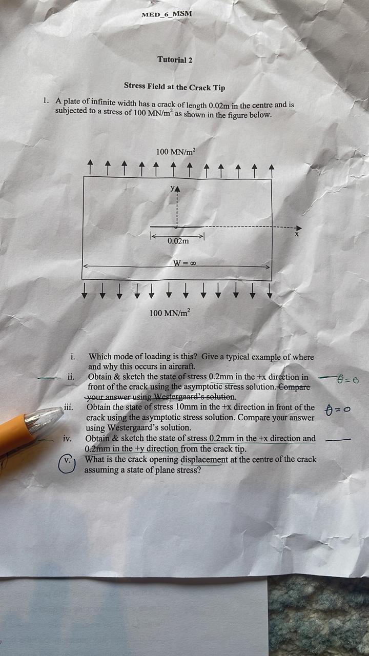Solved Tutorial 2 Stress Field at the Crack Tip 1. A plate | Chegg.com