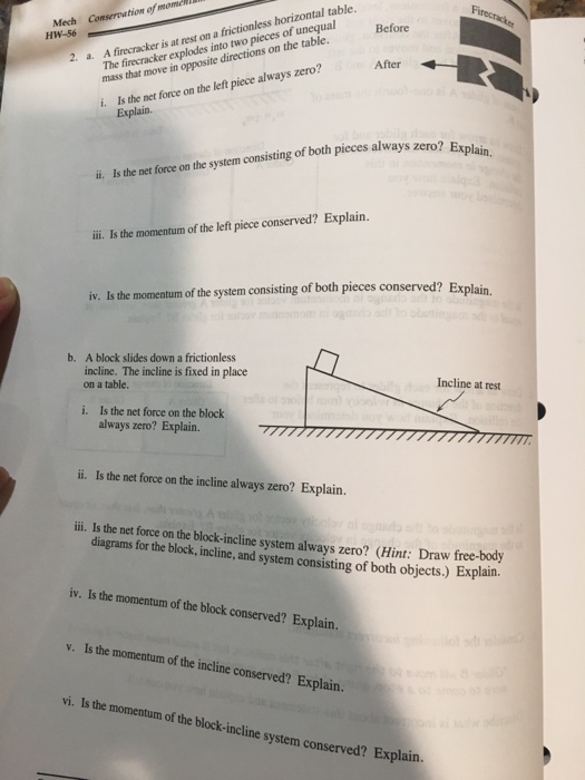Solved a. A firecracker is at rest on a frictionless | Chegg.com