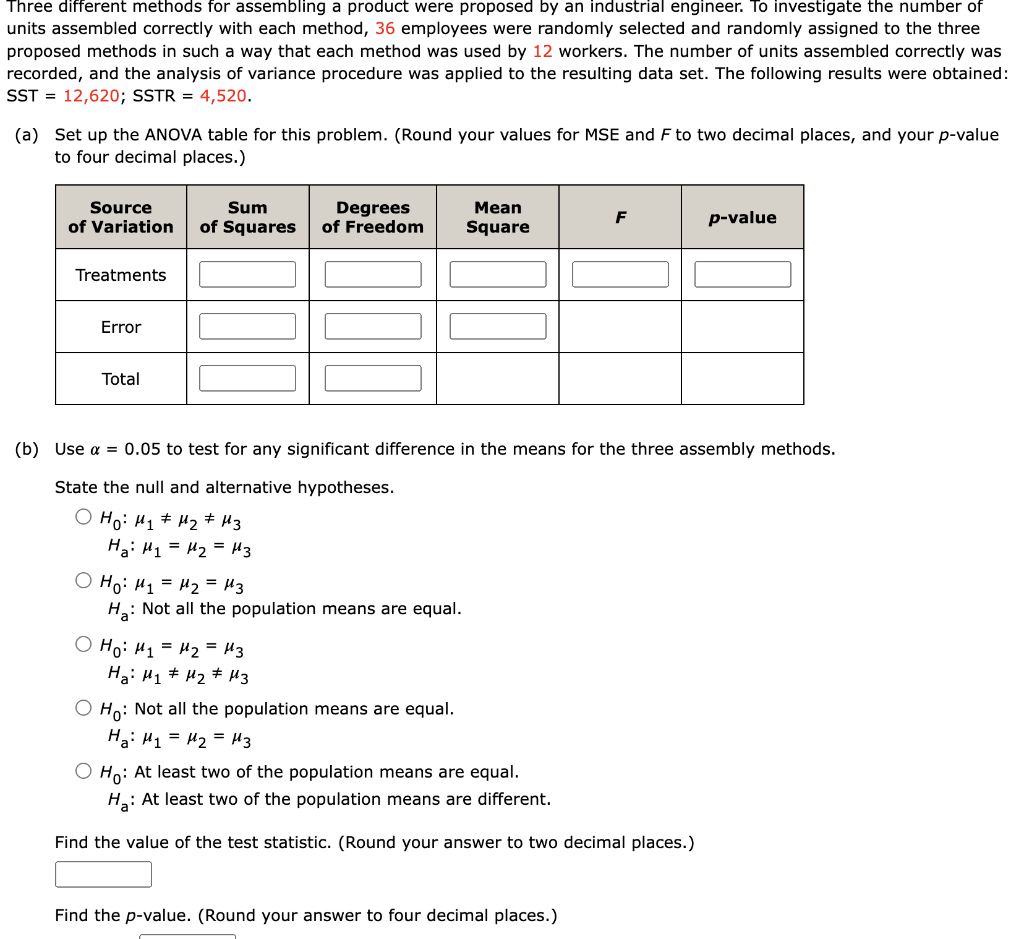 Solved Three different methods for assembling a product were | Chegg.com