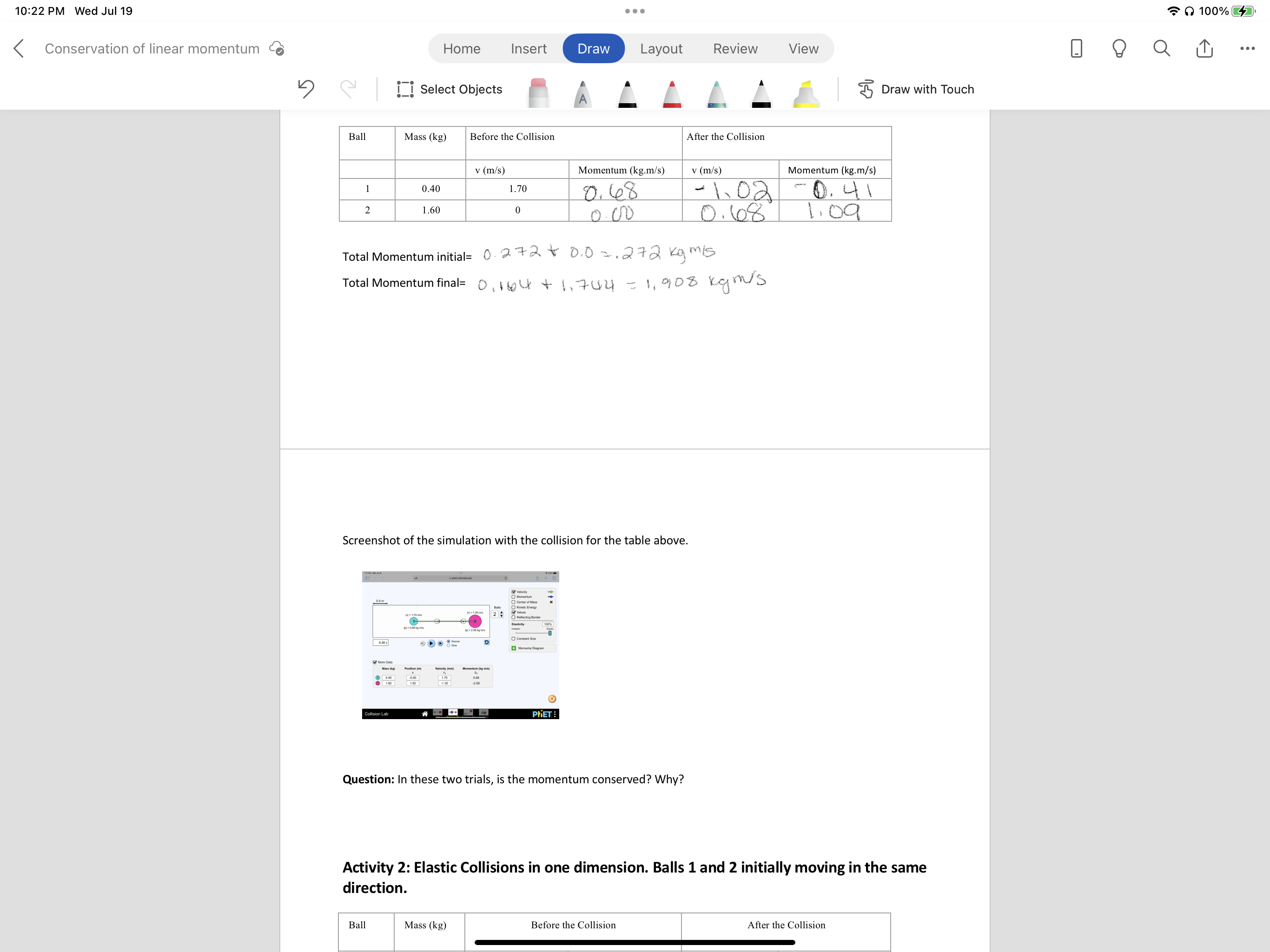 Solved Activity 2: Elastic Collisions in one dimension. | Chegg.com