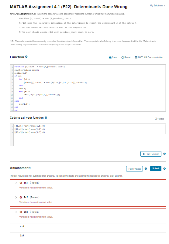 Solved MATLAB Assignment 4.1 (F22): Determinants Done Wrong | Chegg.com Solved MATLAB Assignment 4.1 (F22): Determinants Done Wrong | Chegg.com
