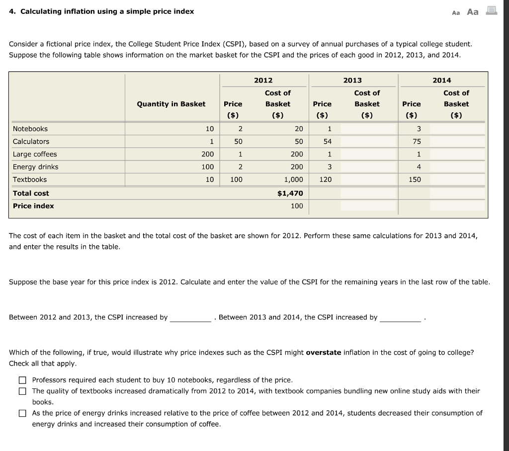Solved 4. Calculating inflation using a simple price index | Chegg.com