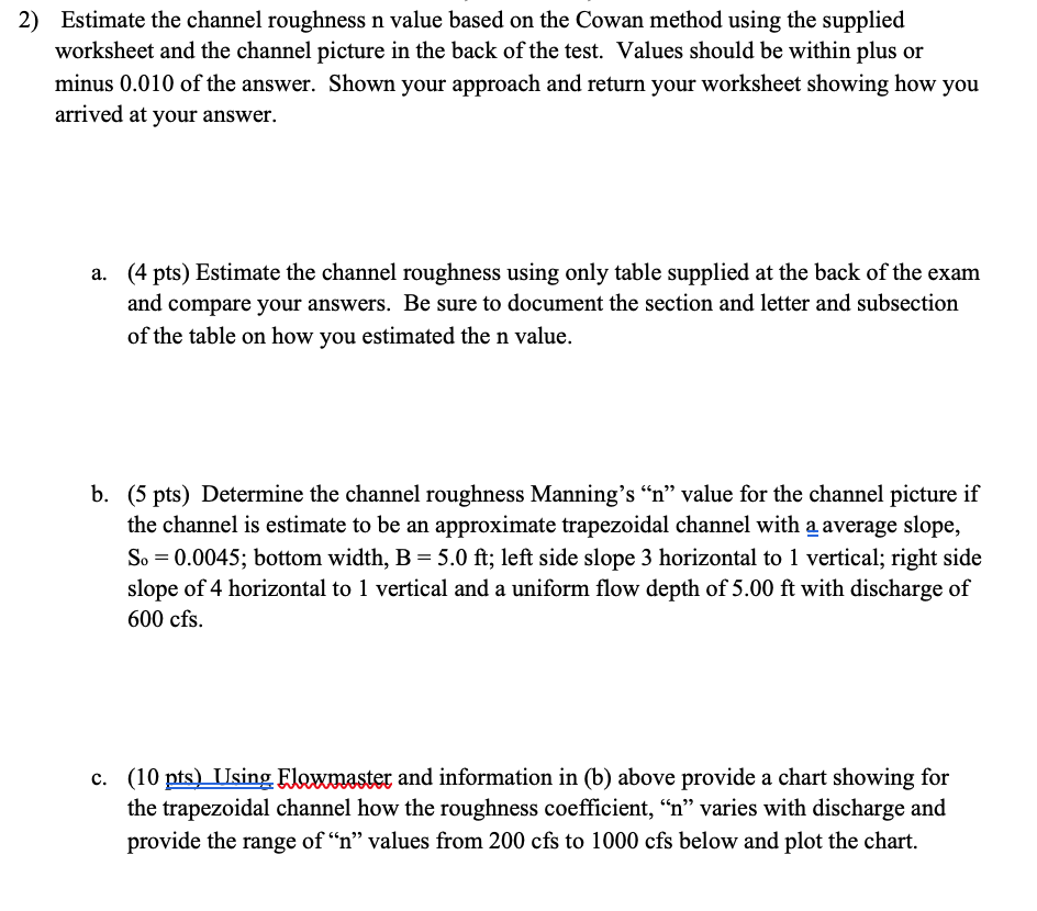 2) Estimate the channel roughness n value based on | Chegg.com