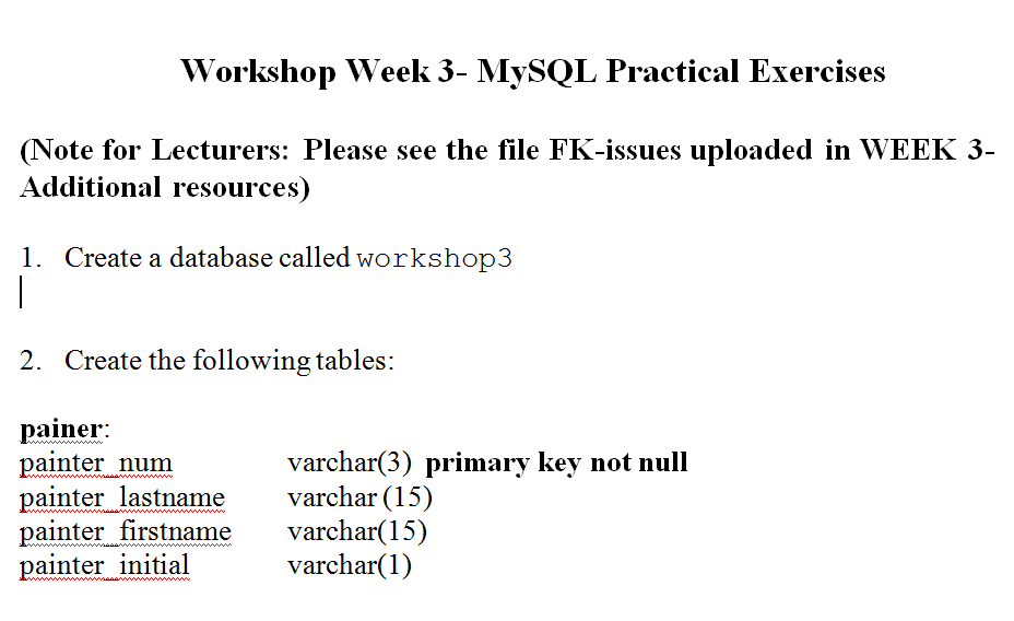 Solved Workshop Week 3- MySQL Practical Exercises (Note for | Chegg.com
