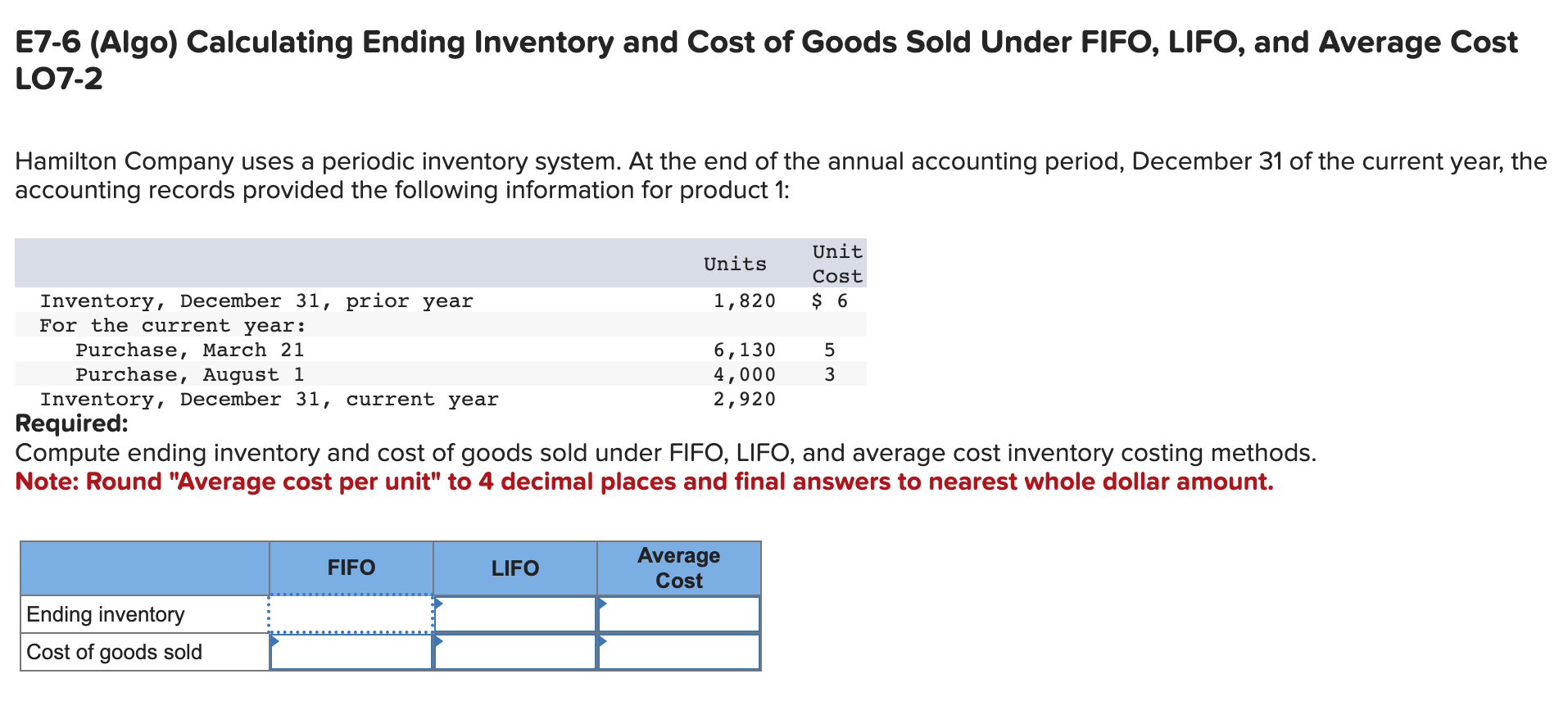 Solved E7-6 (Algo) Calculating Ending Inventory and Cost of | Chegg.com