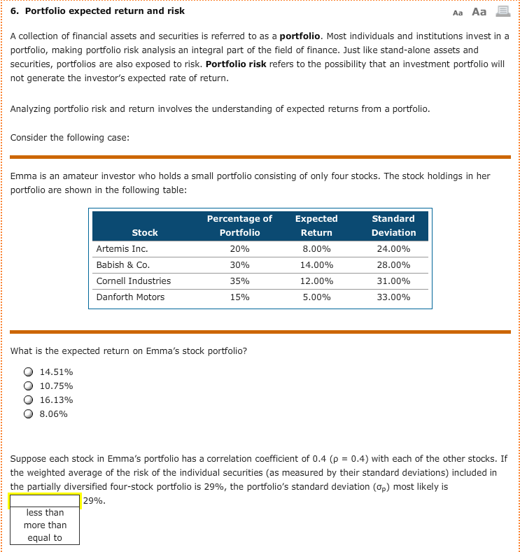 Solved 6. Portfolio expected return and risk Aa Aa A | Chegg.com