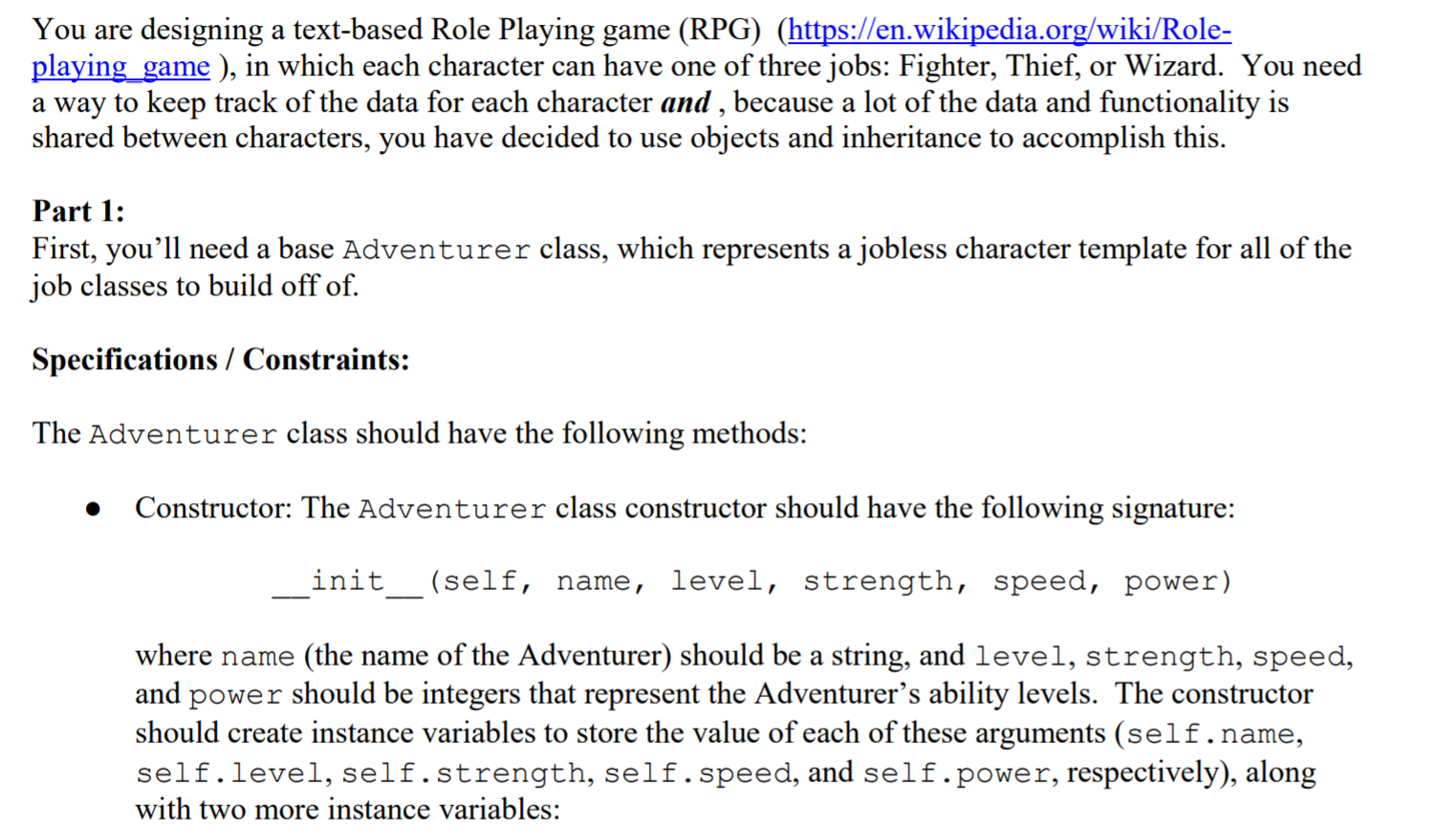 Solved You are designing a text-based Role Playing game | Chegg.com