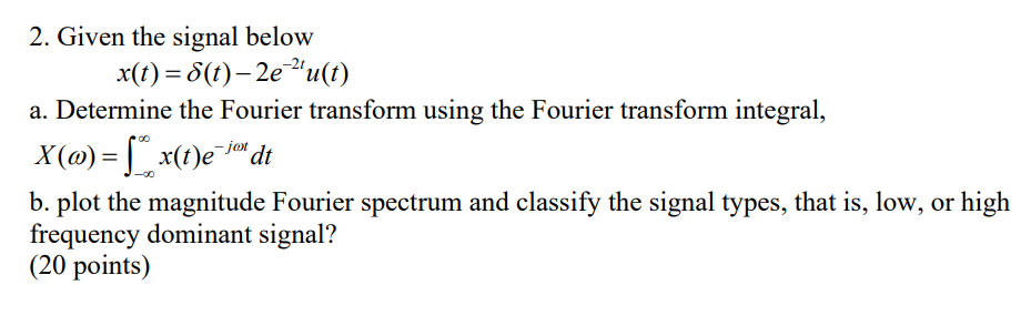 Solved 2. Given the signal below x(t)=δ(t)−2e−2tu(t) a. | Chegg.com