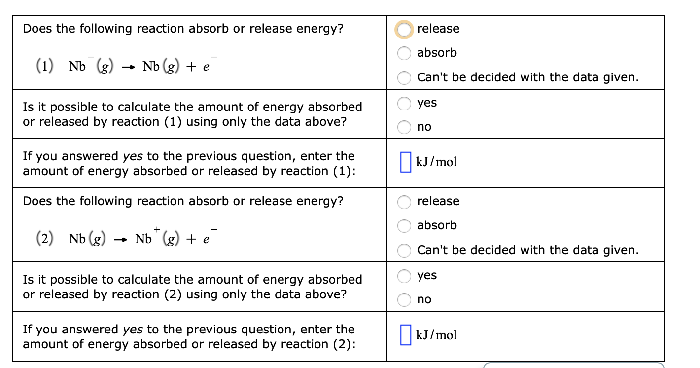 Solved Does the following reaction absorb or release | Chegg.com