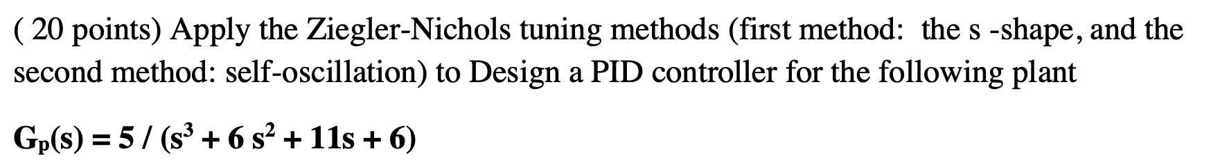 Solved ( 20 points) Apply the Ziegler-Nichols tuning methods | Chegg.com