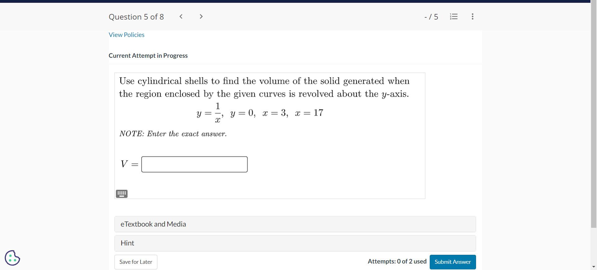 Solved Current Attempt in Progress Use cylindrical shells to | Chegg.com