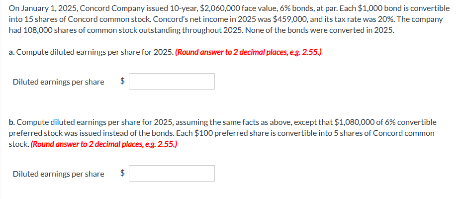 Solved On January 1, 2025, Concord Company issued 10-year, | Chegg.com