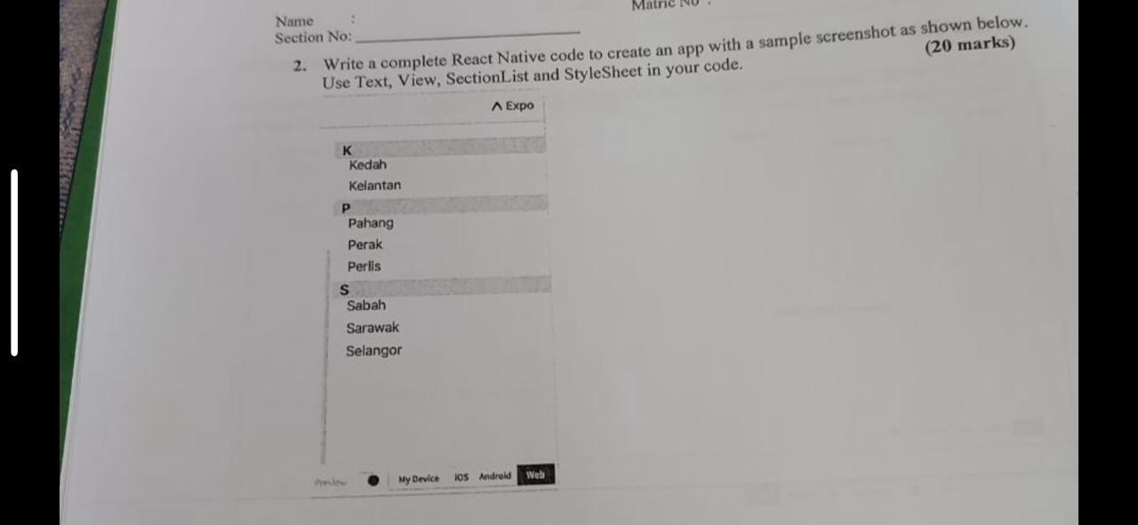 Solved Name Section No: 2. Write a complete React Native | Chegg.com