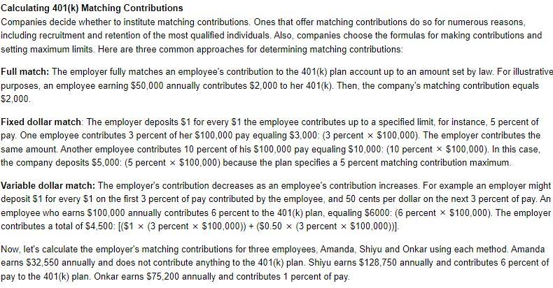 Calculating 401(k) Matching Contributions Companies | Chegg.com