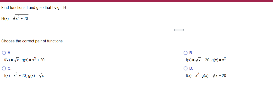 Solved Find functions f and g so that f∘g=H. H(x)=x2+20 | Chegg.com