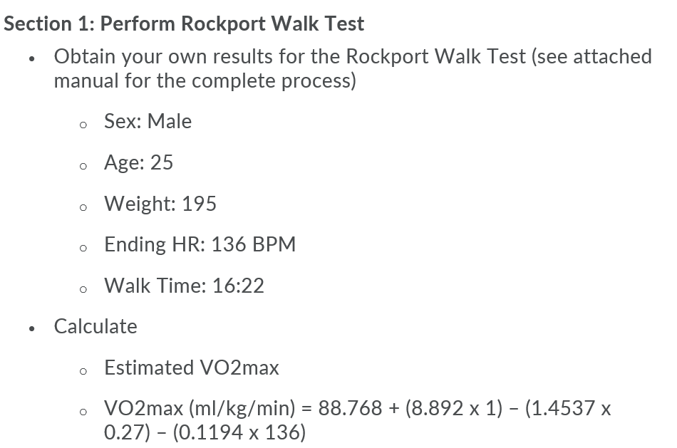Solved Section 1: Perform Rockport Walk Test Obtain your own | Chegg.com
