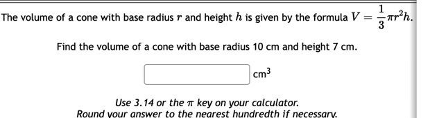Solved The volume of a cone with base radius r ﻿and height h | Chegg.com