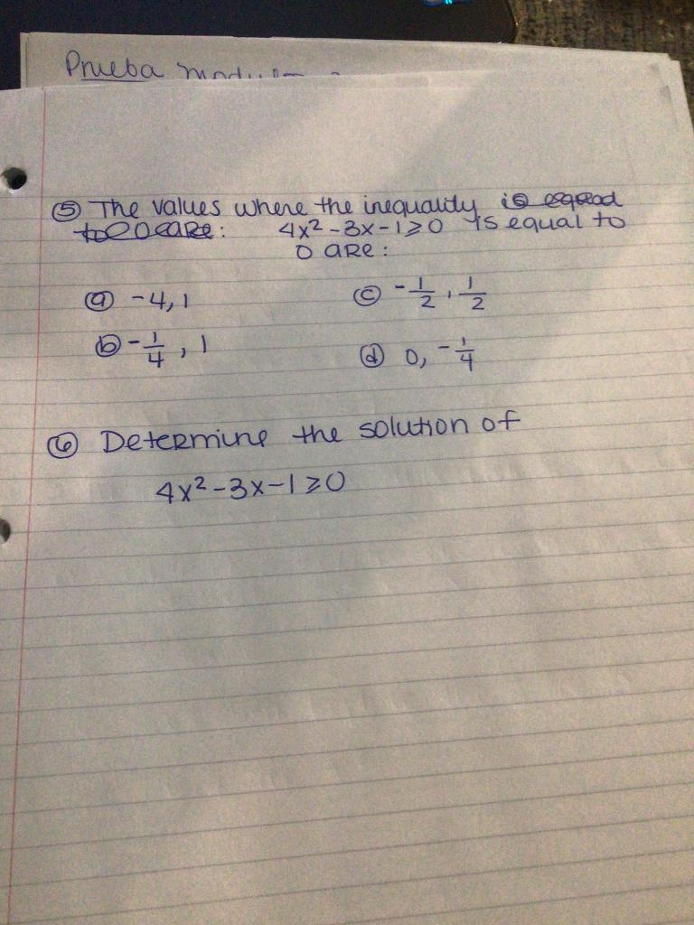 Solved Prueba mod in 5 The values where the inequality colod | Chegg.com