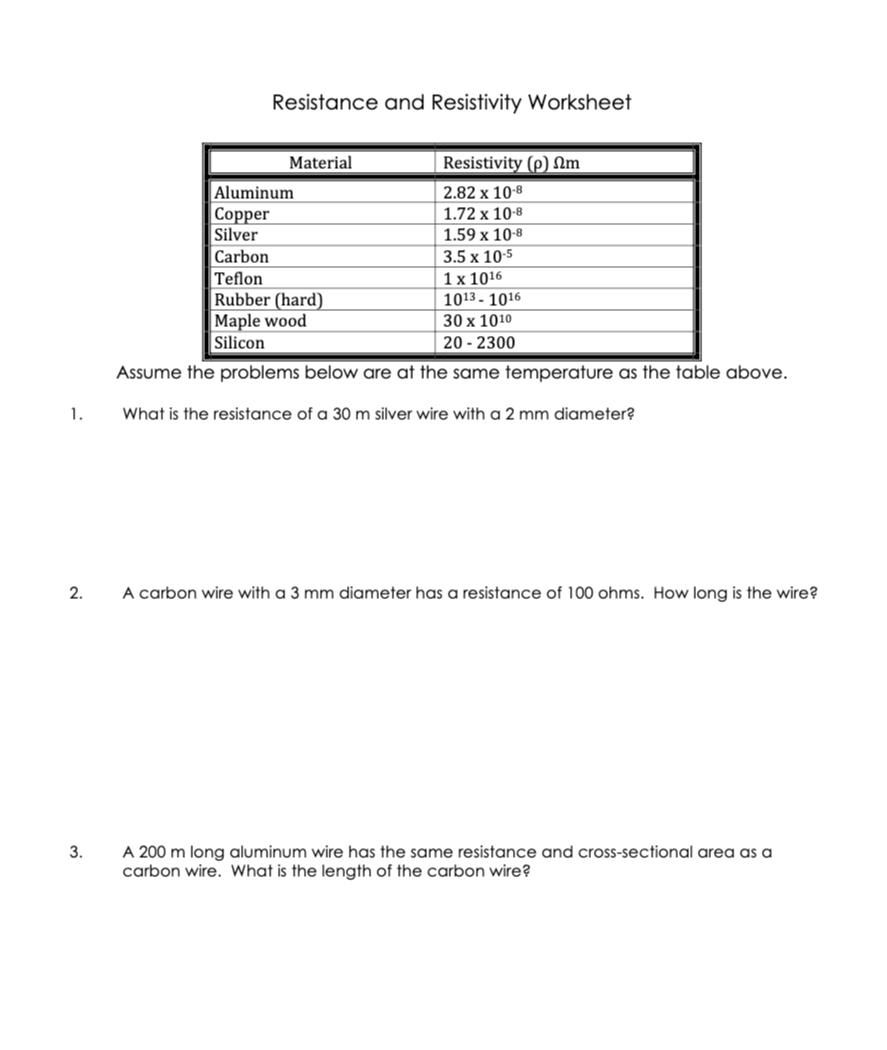 Solved Resistance and Resistivity Worksheet Material | Chegg.com
