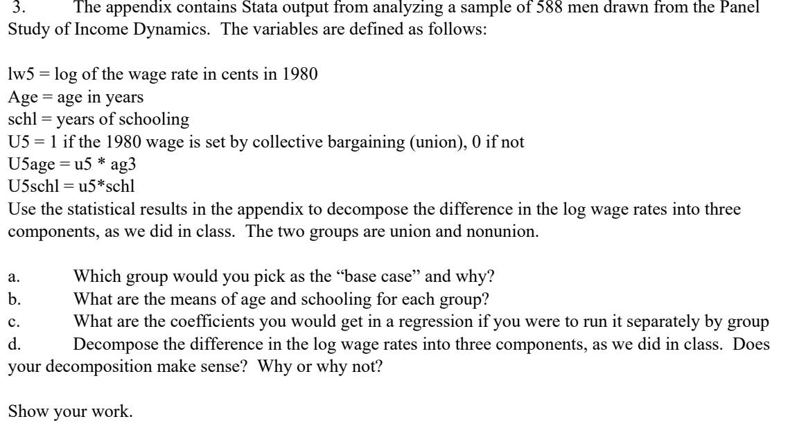 3. The appendix contains Stata output from analyzing | Chegg.com