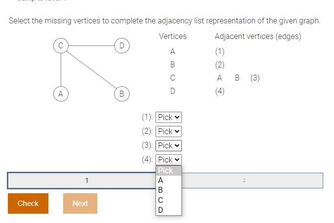 Solved Select the missing vertices to complete the adjacency | Chegg.com