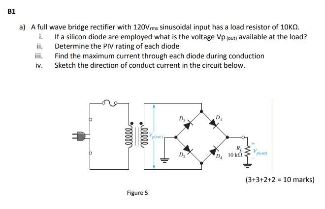 Solved B1 a) A full wave bridge rectifier with 120V rms | Chegg.com