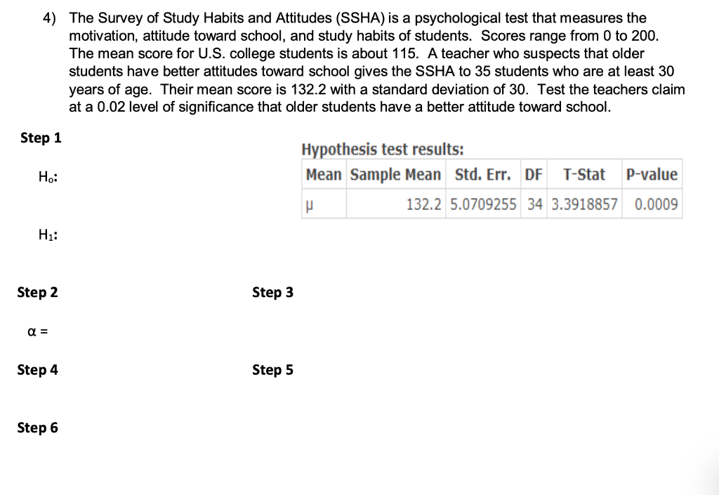 Solved 4) The Survey of Study Habits and Attitudes (SSHA) is | Chegg.com