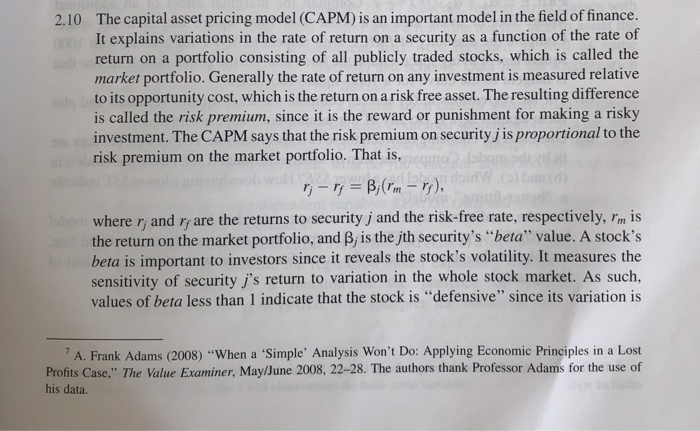 Solved 2.10 The capital asset pricing model (CAPM) is an | Chegg.com