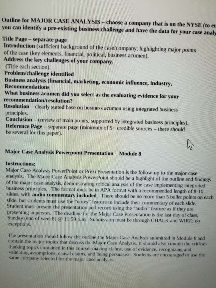Outline for MAJOR CASE ANAL YSIS -choose a company | Chegg.com