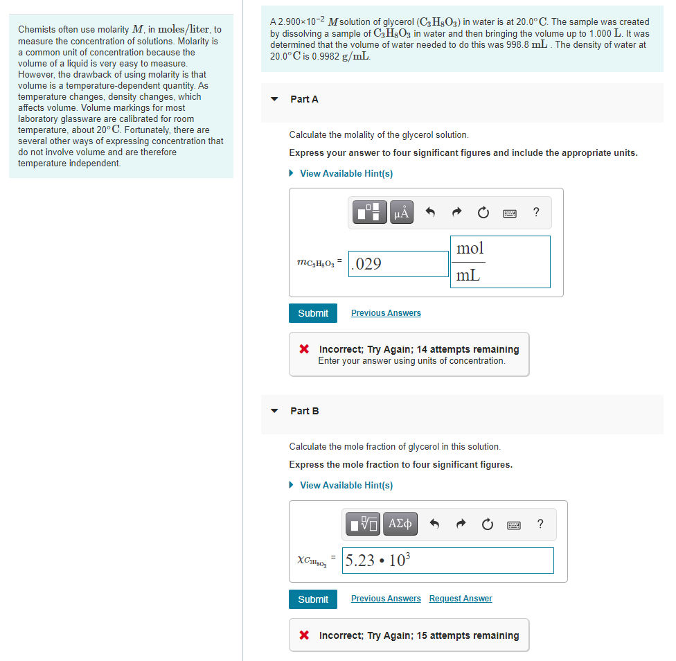Solved A 2.900*10-2 M solution of glycerol (CH3O3) in water | Chegg.com