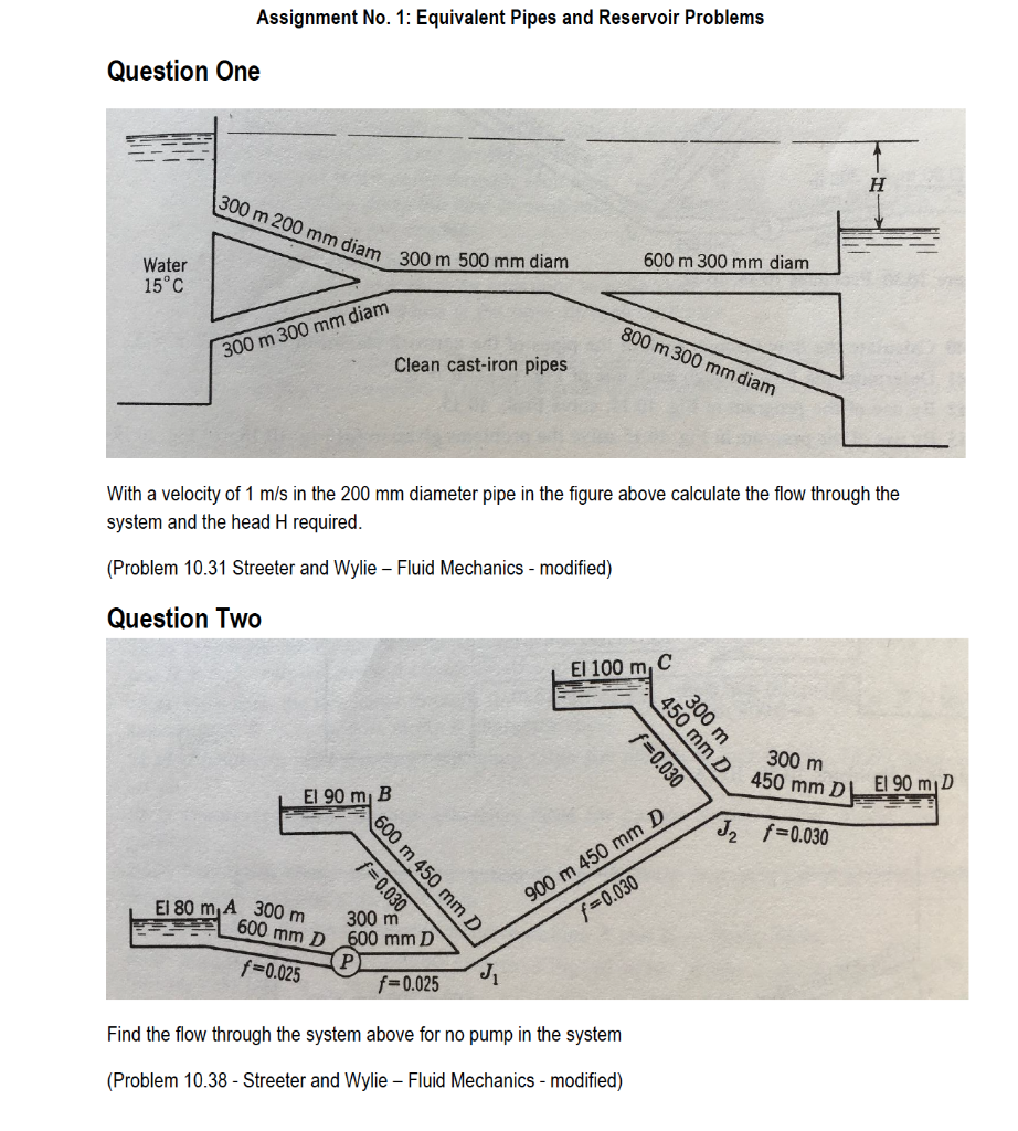 Solved Assignment No. 1: Equivalent Pipes and Reservoir | Chegg.com