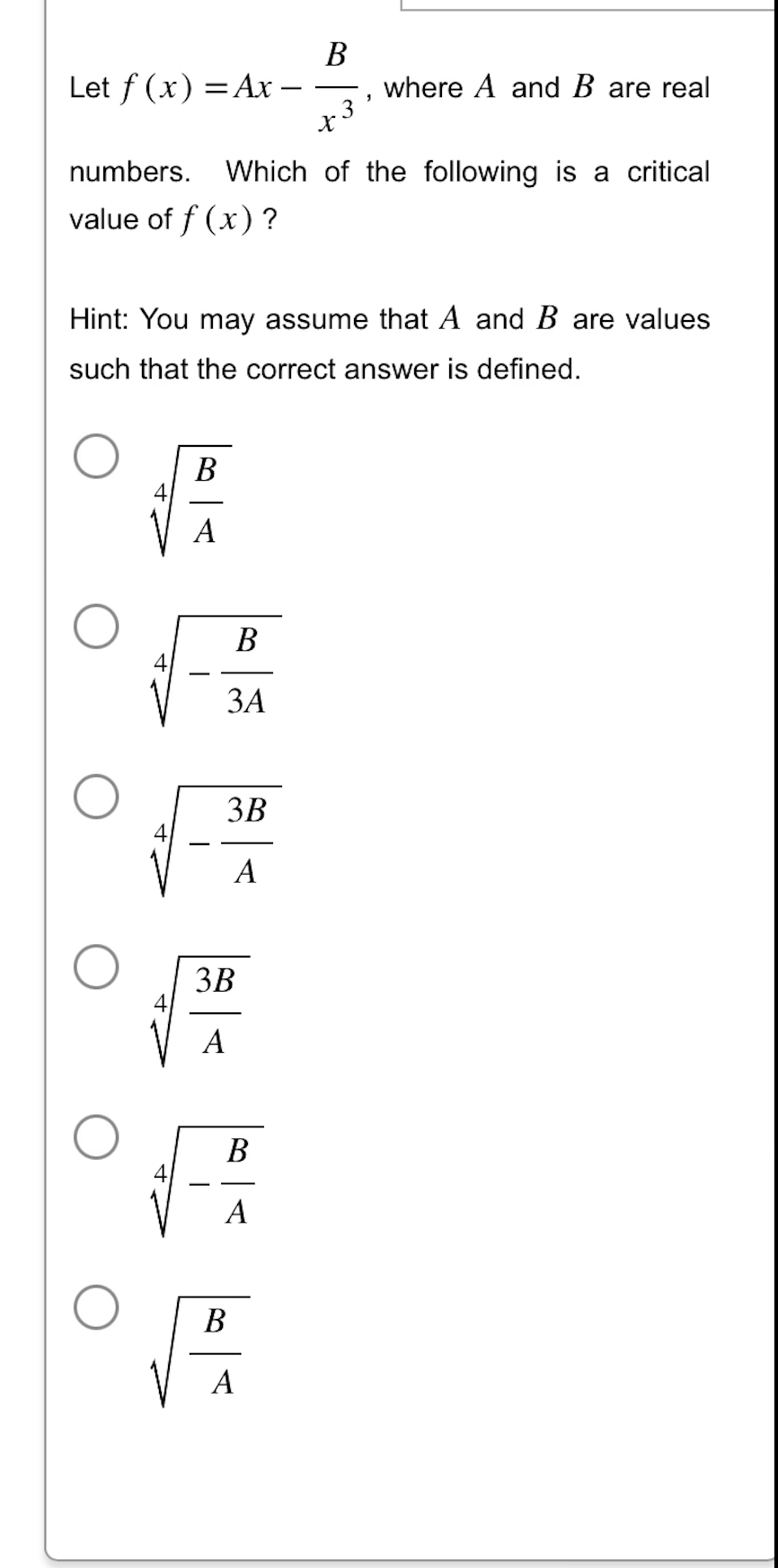 Solved Let f(x)=Ax−x3B, where A and B are real numbers. | Chegg.com Solved Let f(x)=Ax−x3B, where A and B are real numbers. | Chegg.com