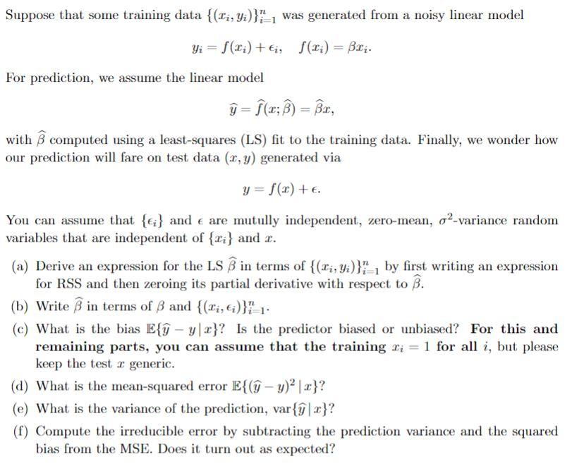 Solved Suppose that some training data {(xi,yi)}i=1n was | Chegg.com